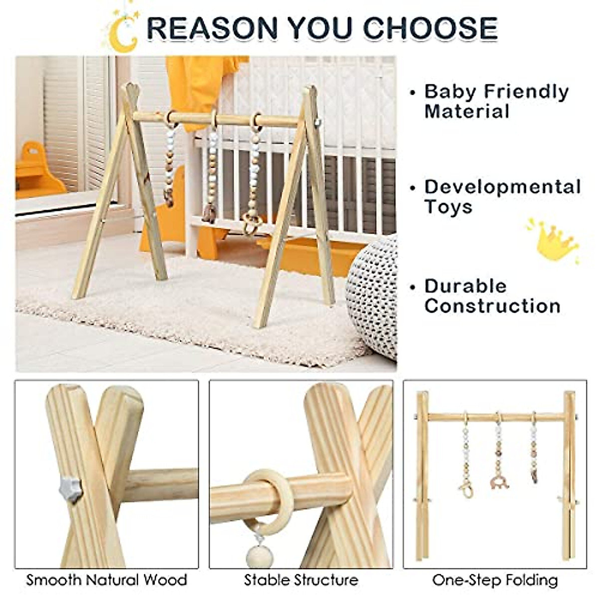 BABY JOY Portable Wooden Baby Gym, Foldable Baby Play Gym Frame with 3 Wooden Baby Teething Toys, Baby Exercise Activity Gym Hanging Bar Newborn Baby Gift (Natural)