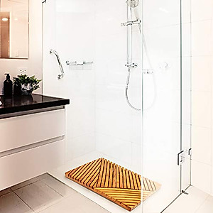 Teak Bath Mat - Natural Teak Shower Mat for Bathroom, Sauna, Pool, Hot Tub and RV Outdoor Shower Mat - 24in x 16in (Stripes)