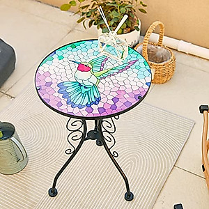 Outdoor Patio Side Table, 21" Round End Table with 14" Hummingbird Pattern Glass Top, Small Accent Table Bistro Coffee for Living Room Porch Balcony Garden Yard