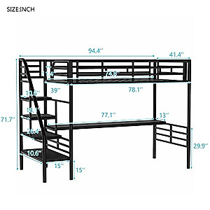 Metal Loft Bed with Desk, Twin Loft Bed with Stairs, Heavy Duty Metal Loft Bed Frame for Bedroom, Dorm Room or Guestroom, No Box Spring Needed (Twin Size, Black)