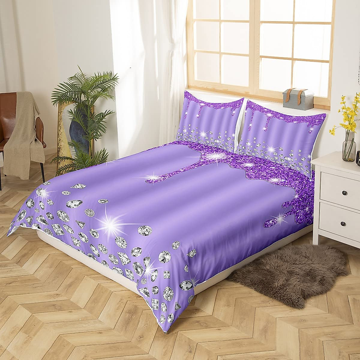 Silver Glitter Print (No Glitter) Bedding Set Bling Party Decorations Purple Comforter Cover for Girls Diamond Jewelry Duvet Cover Bedspread Cover Quilt Cover Full