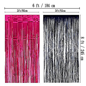 MORANTI 2 Pack 3 ft x 8 ft Metallic Tinsel Foil Fringe Curtains Party Backdrop for Birthday Party Photo Backdrop Decorations (Hot Pink, Black)