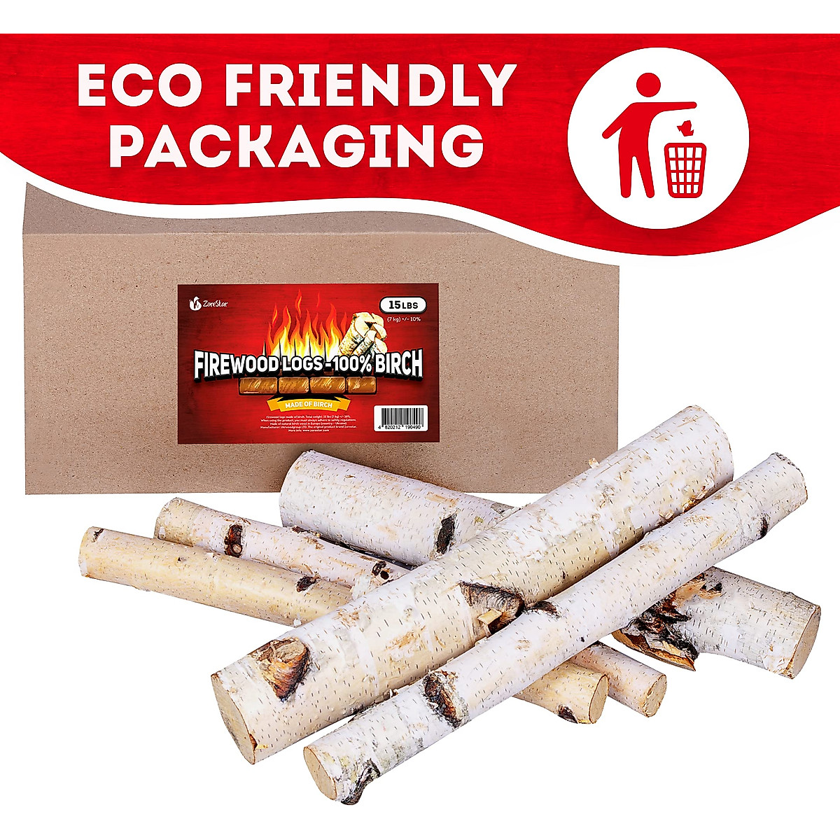 Zorestar 100% Natural Birchwood Fireplace Logs - 8-10 Logs, 14-inch Length - Eco-Friendly Indoor/Outdoor Firewood - Low Smoke, Spark-Resistant, Seasoned Kindling - Enhances Flavor for Gourmet Dishes