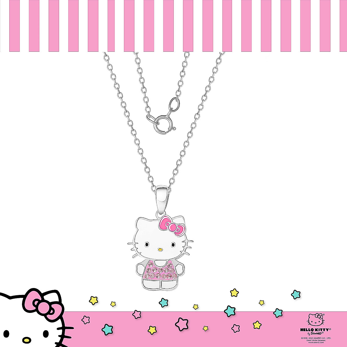 Hello Kitty Sanrio Womens Necklace Official License - Silver Plated Necklace with Enamel and Crystal Pendant