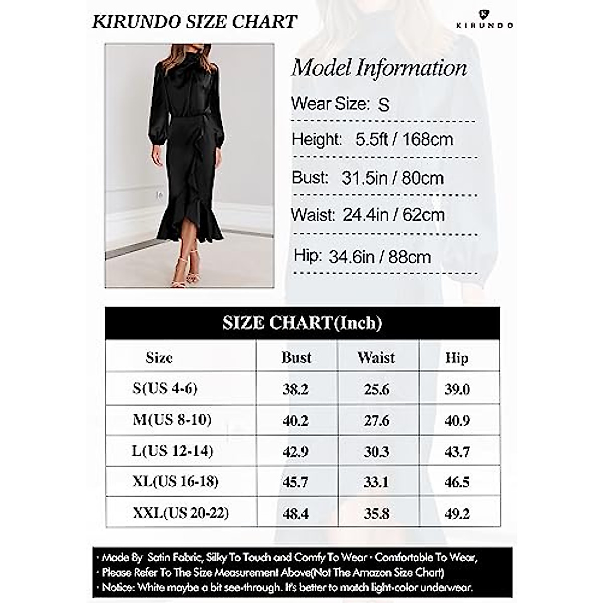 KIRUNDO Women's Fall Satin Mock Neck Wedding Guest Cocktail Midi Dress Long Sleeve Wrap Ruched Ruffle Formal Dresses(Black, Large)