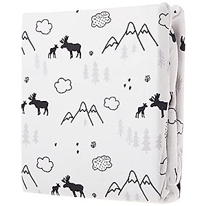 Lumberjack Moose Deluxe Flannel Fitted Crib Sheet-Moose and Mountain Print, Cotton Flannel, Black, Gray, White, Fully Elasticized, 10 in Deep Pockets, Fits Standard Crib Mattress 28 in x 52 in