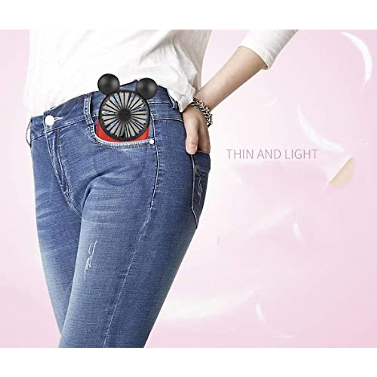 Kbinter Cute Personal Mini Fan, Handheld & Portable USB Rechargeable Fan with Beautiful LED Light, 3 Adjustable Speeds, Portable Holder, for Indoor Or Outdoor Activities, Cute Mouse (Blue)