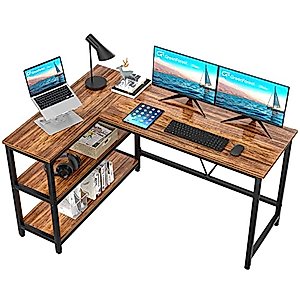 GreenForest L Shaped Desk 55x39.4 inch Large Reversible Corner Gaming Computer Desk with Storage Shelves for Home Office PC Workstation Laptop Table, Walnut