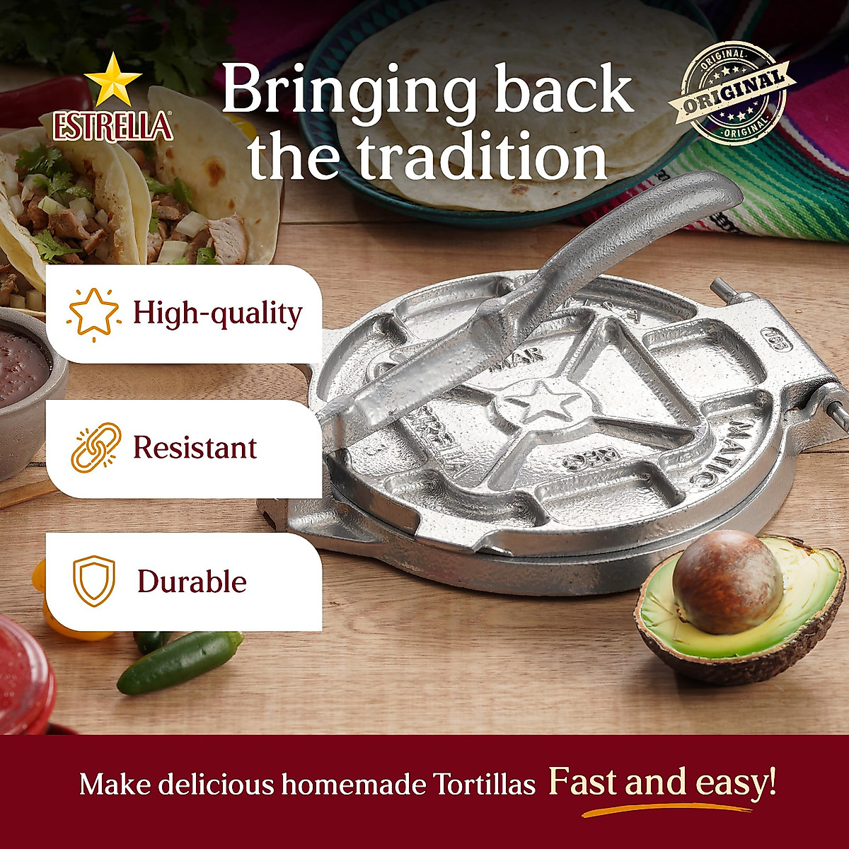 Estrella 7.5 inch Cast Iron Tortilla Press and Tostonera, Perfect for Mexican Food, Tortillas, Empanadas and Sopes, Silver Finish