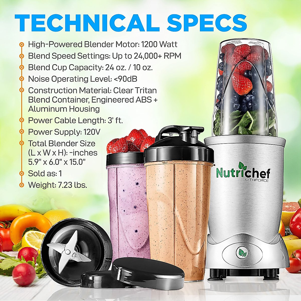 NutriChef Personal Electric Single Serve Blender - 1200W Professional Kitchen Countertop Mini Blender Shakes and Smoothies w/ Pulse Blend, Convenient , Portable 10 & 24 Oz Cups - NutriChef NCBL12