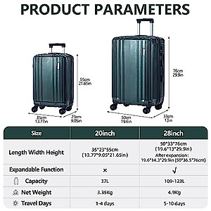 TydeCkare Luggage Set 2 Piece 20/28, 20" Carry-on with Front Pocket & 28" Expandable Luggage, ABS+PC Suitcase with Spinner Wheels, TSA Lock, YKK, Dark Green