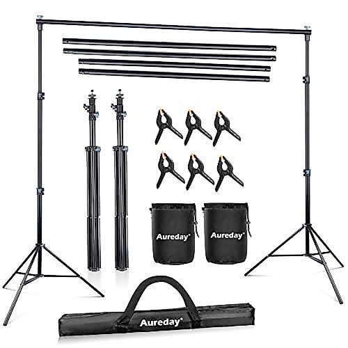 Aureday Backdrop Stand, 8.5x10ft Adjustable Photo Backdrop Stand for Parties, Heavy Duty Background Stand with Travel Bag, 6 Backdrop Clamps, 4 Crossbars, 2 Sandbags for Wedding/Decorations/Photoshoot