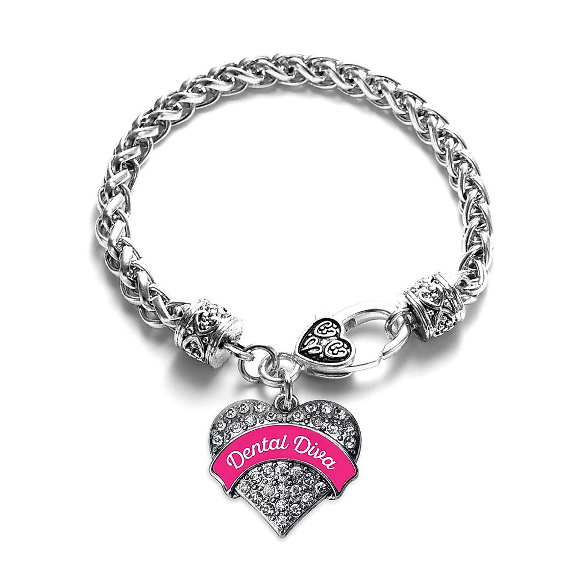 Inspired Silver - Fuchsia Dental Diva Braided Bracelet for Women - Silver Pave Heart Charm Bracelet with Cubic Zirconia Jewelry