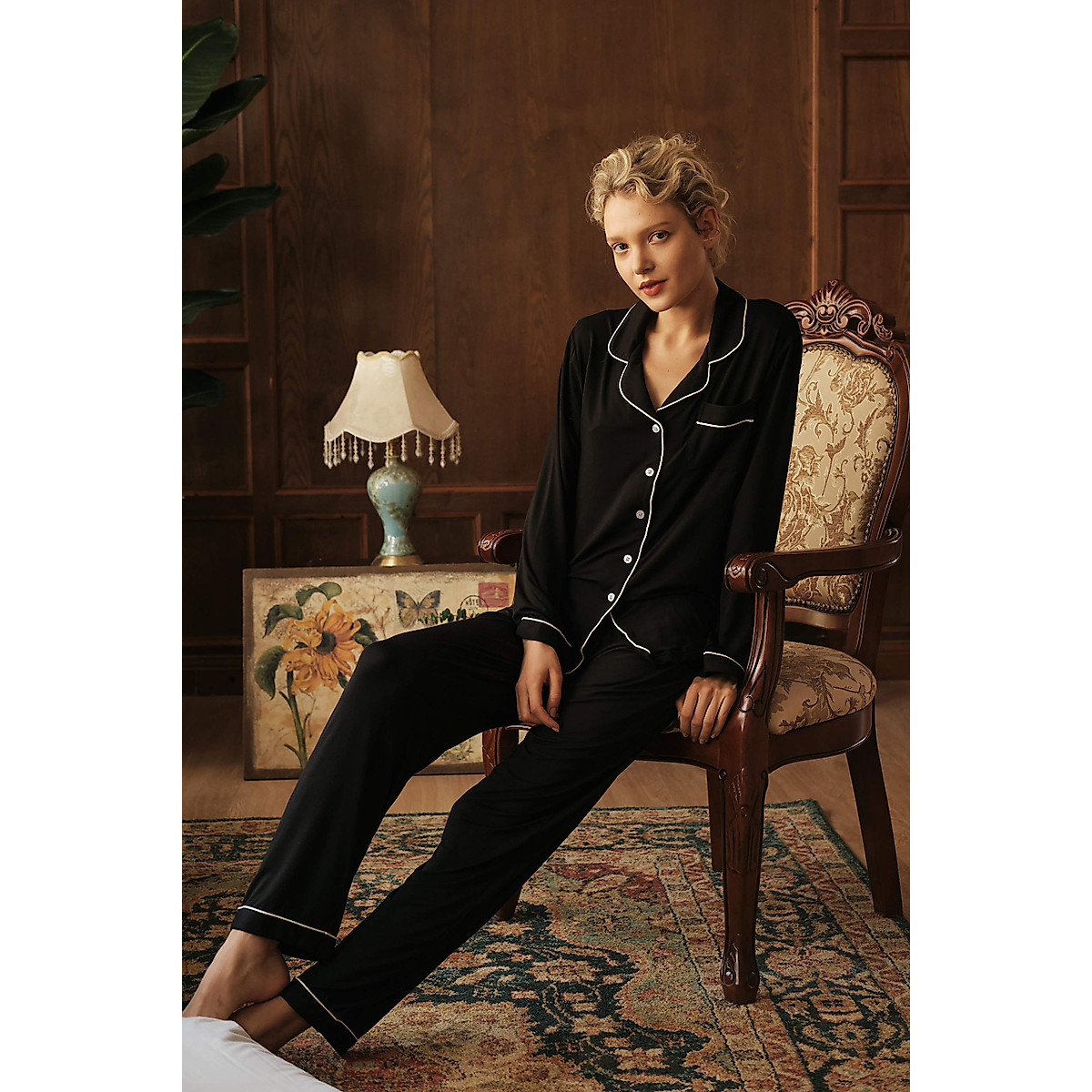 SIORO Womens Pajamas Set Long Sleeve, Button Down Cotton Pj Sets For Women Soft Nightwear,Black With White Piping, Small