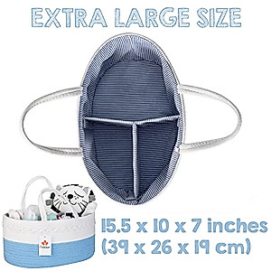 Large Baby Diaper Caddy Organizer Blue 100% Cotton Rope Basket Nursery Storage Bin Portable for Changing Table/Car Hanging Travel Bag Tote Newborn Registry Must Have Baby Boy Shower Gift Basket