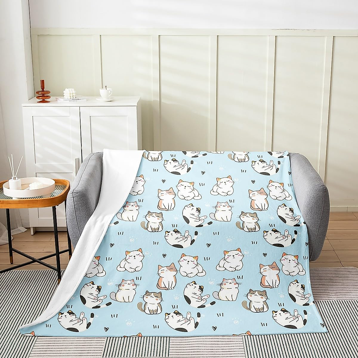 Erosebridal Cat Fleece Blanket Twin, Kawaii Garfield Cat Fuzzy Blanket for Kids Boys Girls, Paw Print Love Heart Throw Blanket, Cartoon Animals Soft Flannel Blanket, Blue