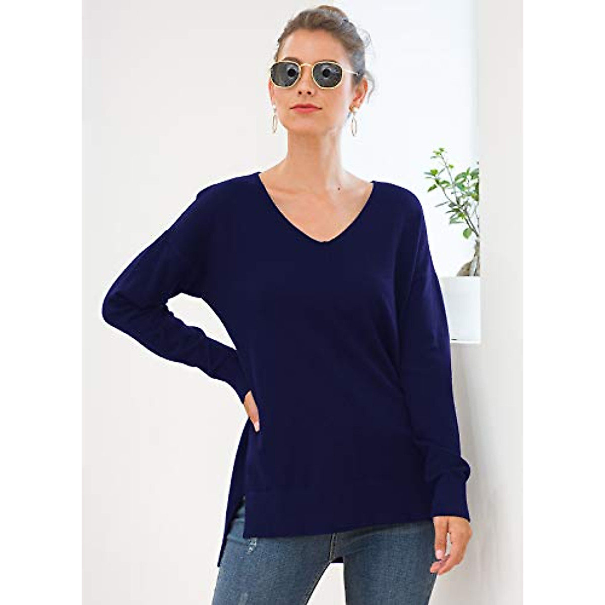 Jouica Women's Casual V Neck Long Sleeve Knit Top Loose Pullover Sweater,Navy Blue,Large