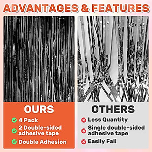 4-Pack Backdrop for Party Decorations, Foil Fringe Backdrop Curtains, Tinsel Streamers for Birthday Party Decorations, Black Tinsel Curtains for Halloween Bachelorette Prom Disco Hollywood Theme Party