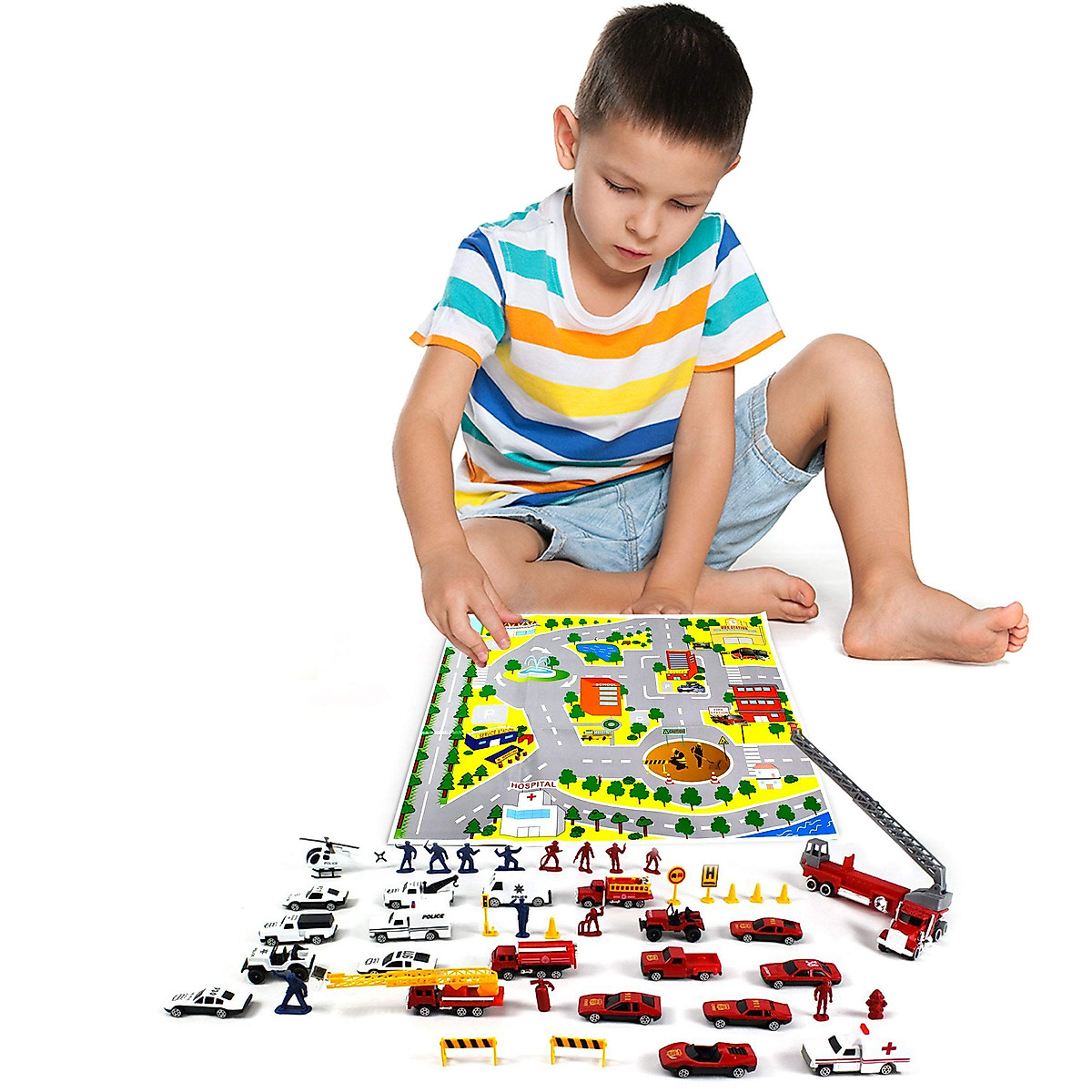 Diecast Police and Rescue Emergency Crew With Play Mat, 46 Pcs Toy Playset Emergency Vehicle Theme