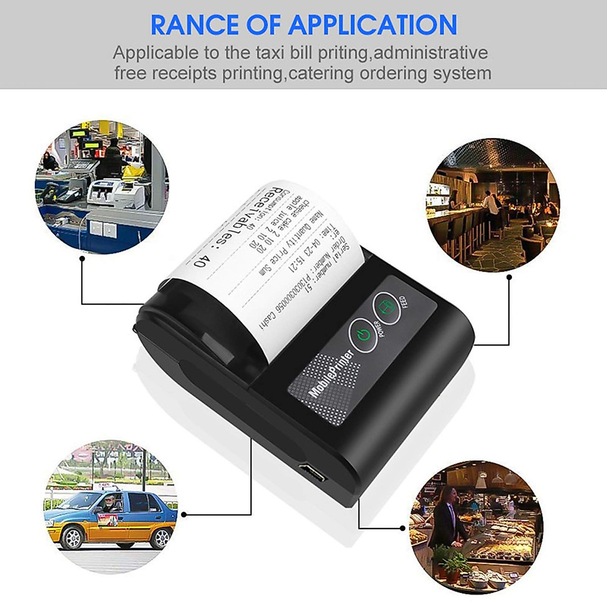 Zerodis Blue Tooth Thermal Receipt Printer Portable Ticket Pass Bill Mini Label Machine for MPT II 200dpi 3 5 inches sec for estaurant Sales Kitchen Retail (US Plug)