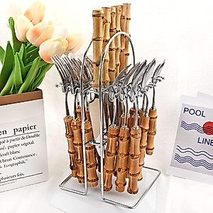 Snplowum 24-Piece Bamboo Flatware Set, Silver Stainless Steel Tableware Set With Cutlery Holder, Kitchen Utensils For Home And Restaurant Daily Use, Mirror Polish, Service For 6