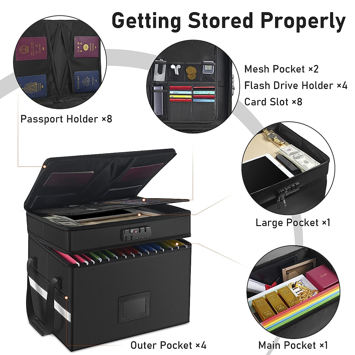 JLMY Fireproof Fiberglass Silicone 2 Layer Portable File Box with Lock for Letter Legal Size Folder Certificate Book Storage, Black, 42L