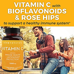 Viva Naturals Vitamin C 1000mg - Non-GMO Vitamin C Supplements with Citrus Bioflavonoids & Rose HIPS for Immune Support & Antioxidant Protection, 250 Vegetarian Capsules