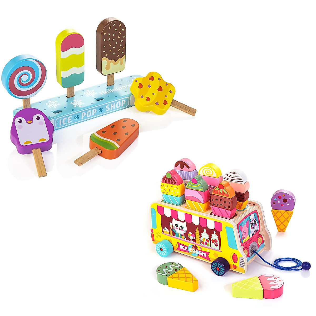 HELLOWOOD Wooden Ice Cream Truck Bundlle with Wooden Lolly Pop Shop, Pretend Play Food Toy