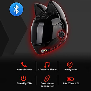 Cat Ear Bluetooth Motorcycle Helmet, DOT Certification Full Face Flip-Up Motorbike Helmet, Cool Cute Cat Helmets with HD Visor and Ventilation Syste, for Adults Men Women S~XL