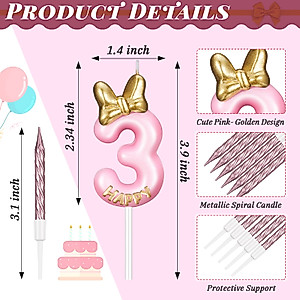 BBTO Number 3 Birthday Candle Pink Birthday Candle Girl with 10 Pieces Pink Candles Long Thin Cupcake Candles in Holders for Cake Topper Birthday Baking Decor Supplies