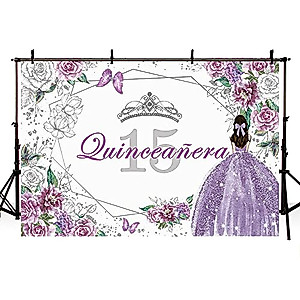 Sendy 7x5ft Quinceanera 15th Birthday Backdrop for Sweet Girl Mis Quince Anos 15th Party Decorations Purple Silver Glitter Floral Crown Butterfly Banner Photography Background Cake Table Prop