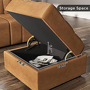 HONBAY Square Storage Ottoman Tufted Bench with Storage Modern Footrest for Small Space, Caramel Brown