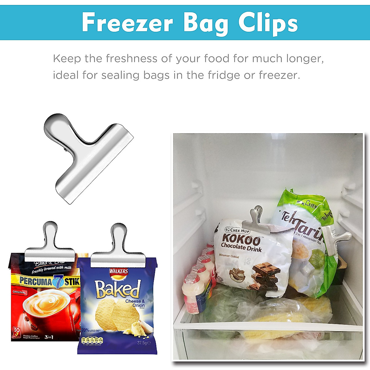 10PCS Wide Metal Chip Clips 3 Inch, Snack Food Bag Sealing Clips, Stainless Steel Paper Clamps Heavy Duty for Kitchen Food Packages and Office