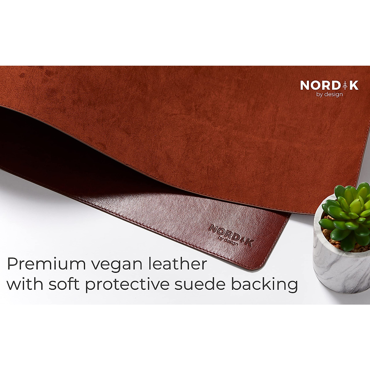 Nordik Leather Desk Mat Cable Organizer (Saddle Brown 35 X 17 inch) Premium Extended Mouse Mat for Home Office Accessories - Felt Vegan Large Leather Desk Pad Protector & Desk Blotter Pads Decor