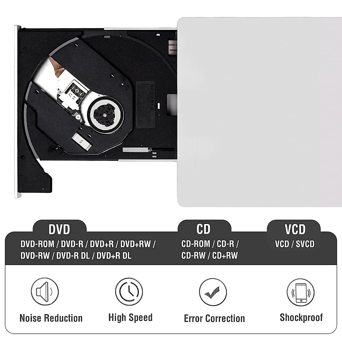 ROOFULL External CD/DVD Drive, CD Burner USB 3.0 Portable CD-ROM DVD+/-RW Disc Player Burner Reader Writer Optical Drive for Apple Mac MacBook Pro/Air, Windows 11/10 Laptop PC, Silver