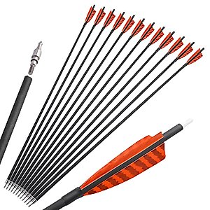 30 inch Archery Carbon Arrows Hunting Arrows with 4" Camo Feather Fletching 100 Grain Replaceable Points Targeting Practice Arrows Spine 500 for Recurve Bow Compound Bow Longbow (12 pcs, Orange)