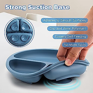 E-PRONSE Suction Plates for Baby Toddler Plates, 100% Food-Grade Silicone Divided Baby Plates, Baby Sunction Plate with Lid BPA Free,Microwave & Dishwasher Safe Blue +Tan