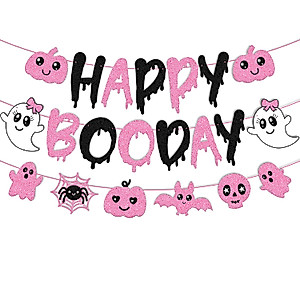 Happy Boo Day Banner Pink Black Halloween Ghost Bat Little Boo Themed for Girl Halloween Happy Boo Day Baby Shower Party Supplies Glitter Halloween Decorations