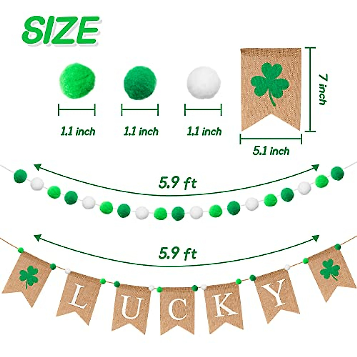 WATINC 2PCS St. Patrick's Day Burlap Banner Felt Ball Garland Set, Shamrock Bunting Pom Pom Garlands Decoration, Lucky Clover Hanging Decor for Saint Patty’s Day Party Mantle Fireplace Home Wall