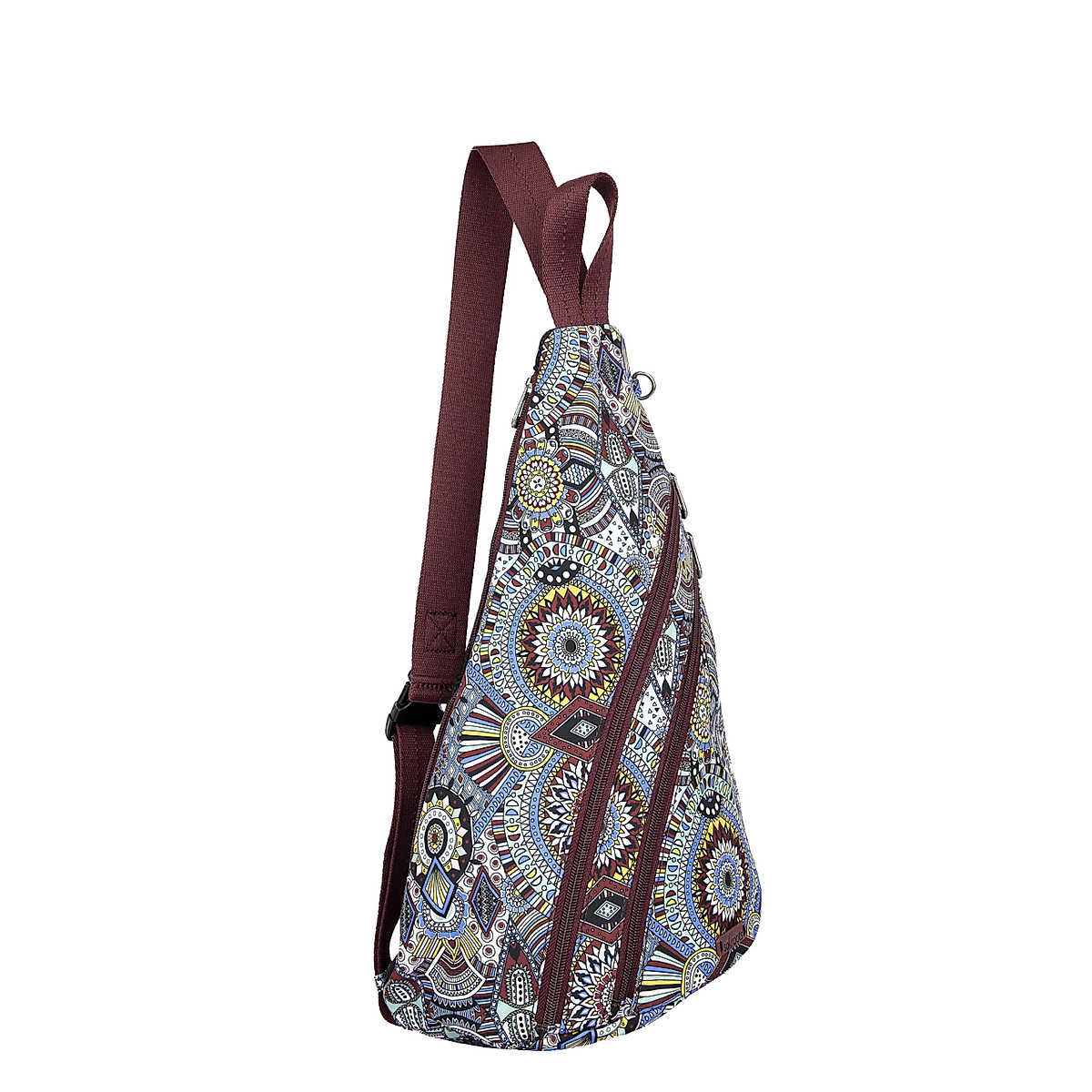 Sakroots On The Go Sling Backpack in Eco Twill, Adjustable Sling Strap, Cabernet Wanderlust