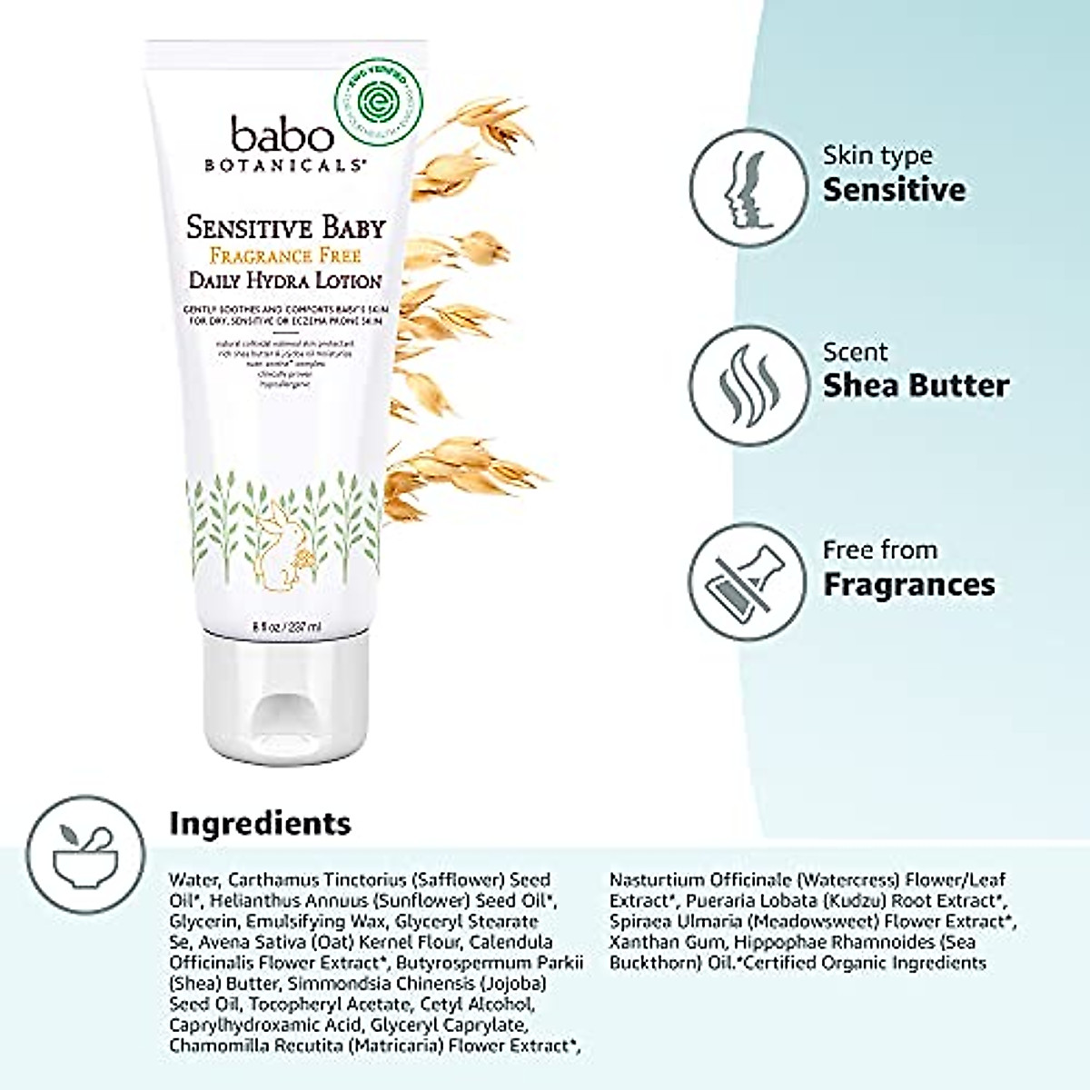 Babo Botanicals Sensitive Baby Fragrance-Free Daily Hydra Lotion - with Colloidal Oatmeal, Shea Butter & Jojoba Oil - EWG Verified, Vegan & Hypoallergenic - 8 fl. oz