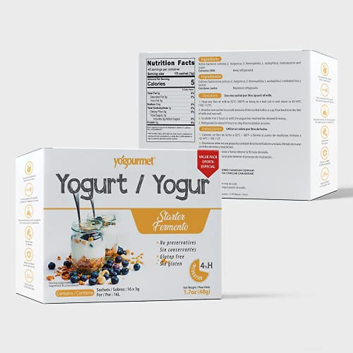 Yogourmet Yogurt Starter (16 Pack) - Make Yogurt at Home - Starter Culture - All Natural, Gluten Free, Kosher, Halal - 3 g Sachets