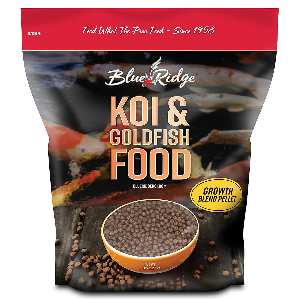 Blue Ridge Koi Fish Food 5lb - Koi Food 3/16” Large and Mini Blend Growth Formula, Goldfish Food, Premium Fish Food for Ponds, Ponds Fish Food, Floating Pond Pellets