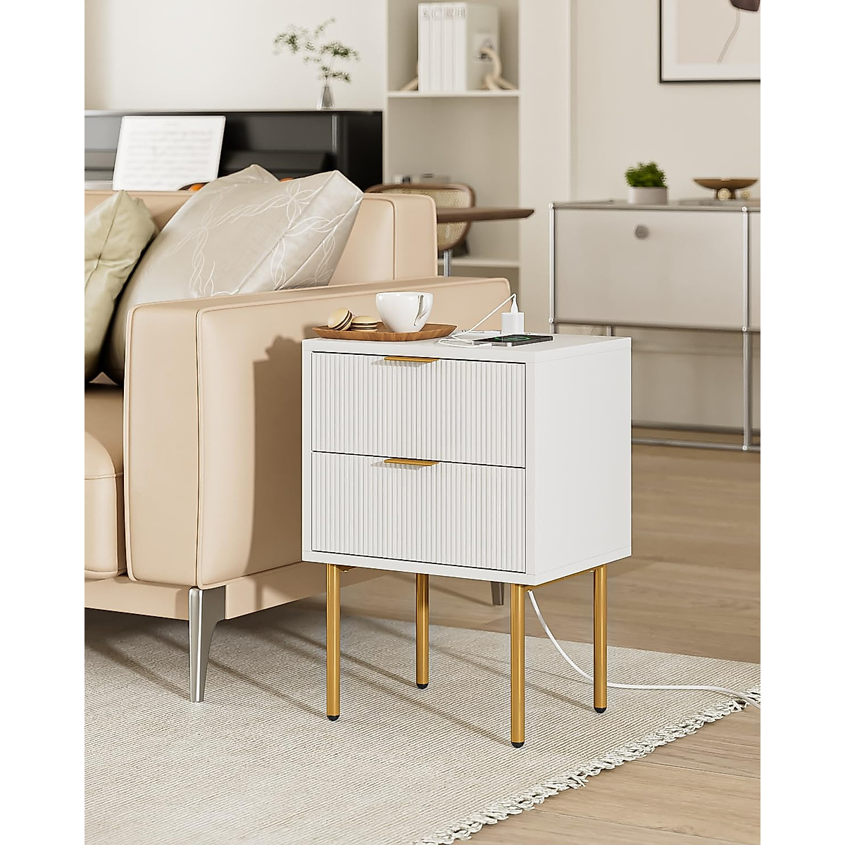 Aienvey Nightstand with Charging Station,Small Side Table with 2 Drawers, Bedside Furniture, White Night Stand, End Table with Gold Frame for Bedroom, Living Room, Stripe