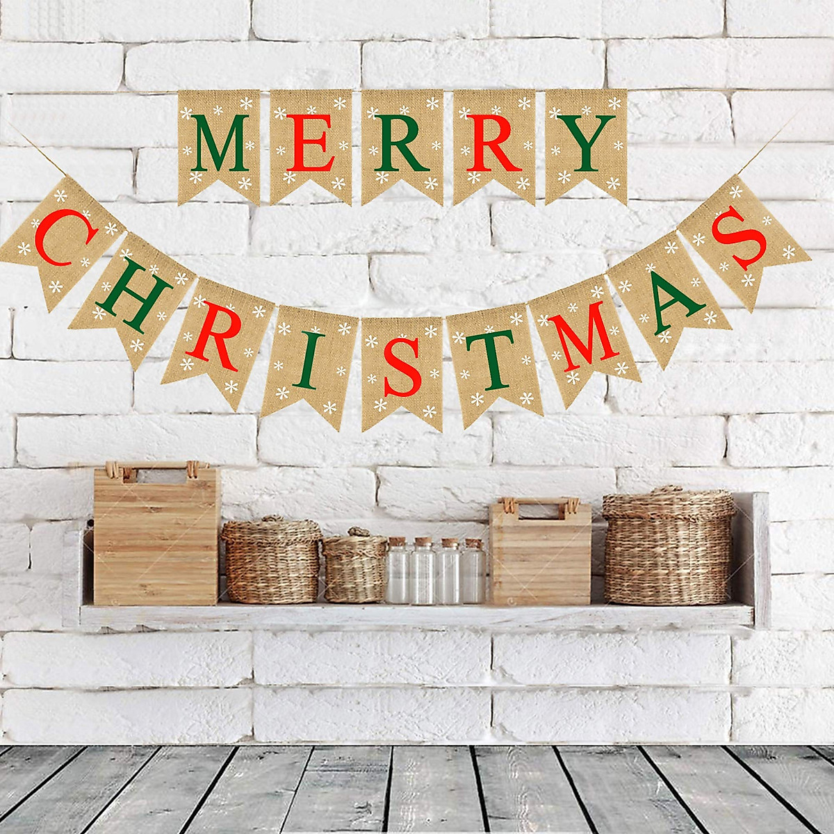 Jolik Burlap Merry Christmas Banner with Snowflakes - Christmas Burlap Banner Decoration for Home Christmas Decor