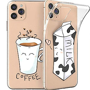 Toik Matching Couple Cases for Apple iPhone 11 Pro Xs Max Xr 10 X 8 Plus 7 6s 5s SE White Kawaii BFFs Milk Print Gift Slim Design Black Clear Lightweight TPU Boyfriend Soulmate Coffee Apple Cute