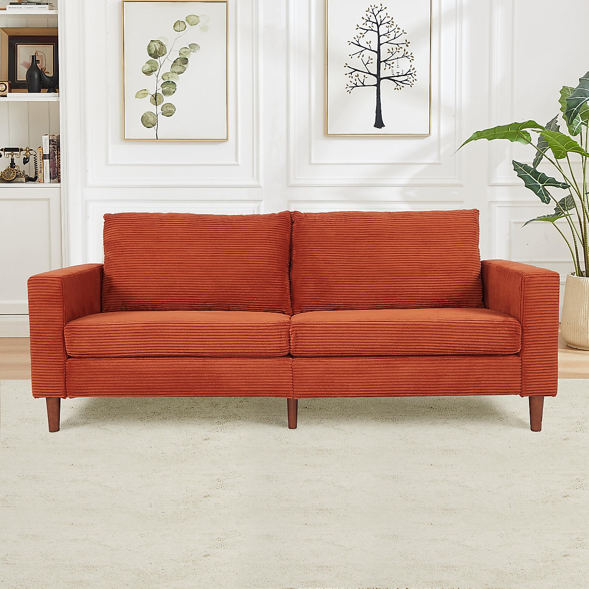 Setawix 82.6 Inch Oversized Loveseat Sofa, Corduroy Upholstered Sleeper Sofa Comfy Modular Couch with Wood Legs, Modern Deep Seat Sectional Couches for Living Room Bedroom Apartment, Orange