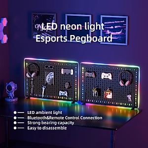 TINLOK LED Gaming Desk Pegboard,Clamp-on Gaming Desk Organizer,USB Powered,LED Light Desk Pegboard with Music Sync,22.2 x 14.5inch,Black 2PCS