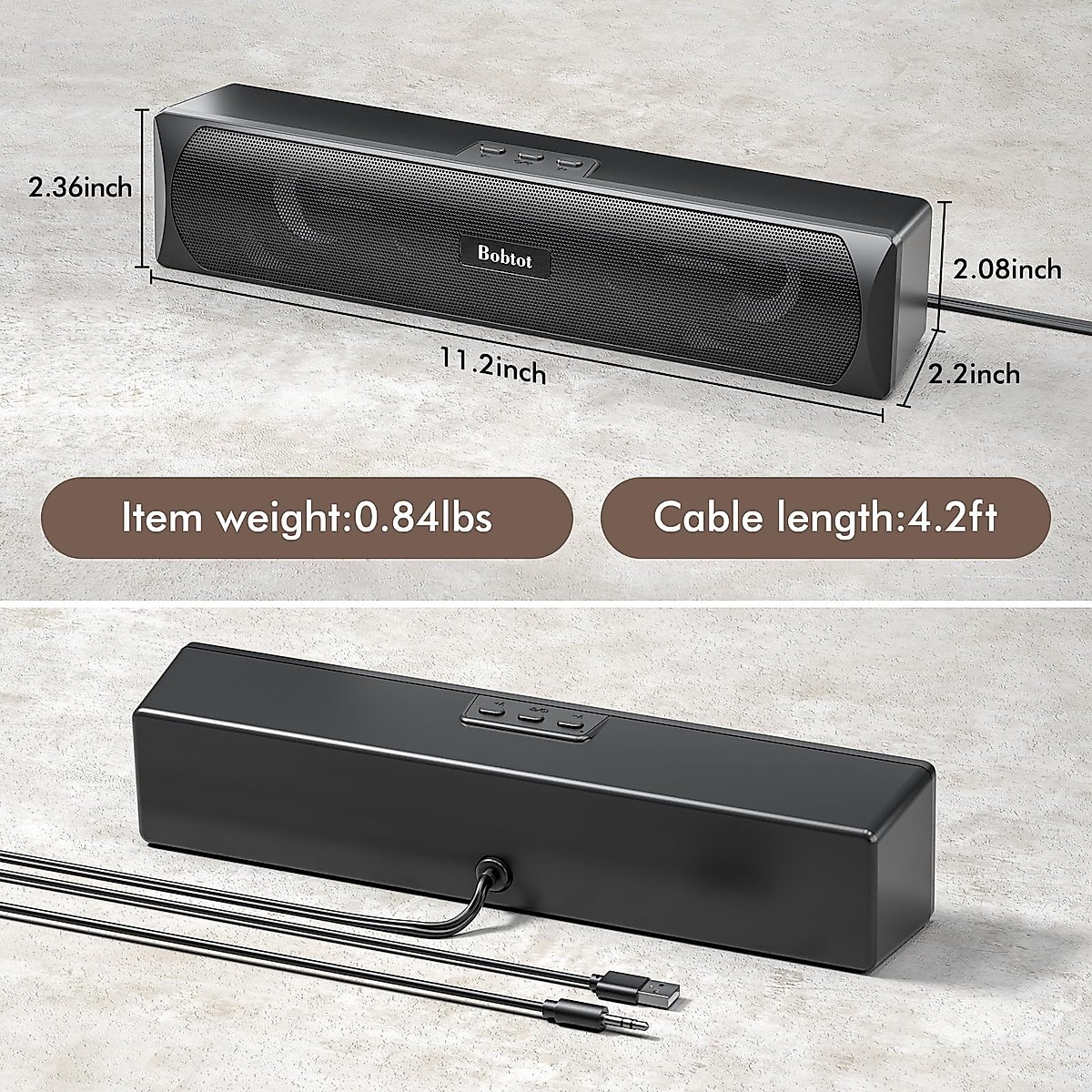 Bobtot Computer Speakers Desktop Soundbar - HiFi Stereo Audio RGB Mini Sound Bar External Speaker with Bluetooth AUX-in Wired USB Powered Volume Control for PC Laptop Tablets Monitor