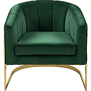 Meridian Furniture Carter Collection Modern | Contemporary Upholstered Velvet Barrel Accent Chair with Gold Stainless Base, Green, 29" W x 27.5" D x 31" H